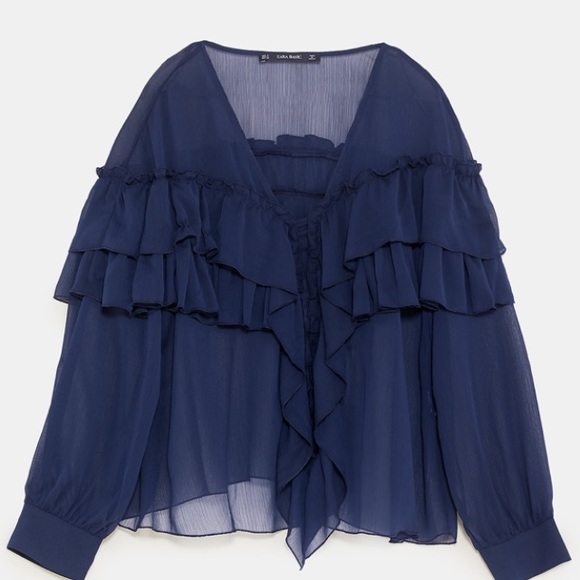 Zara | Tops | Zara Navy Blue Ruffled Blouse | Poshmark